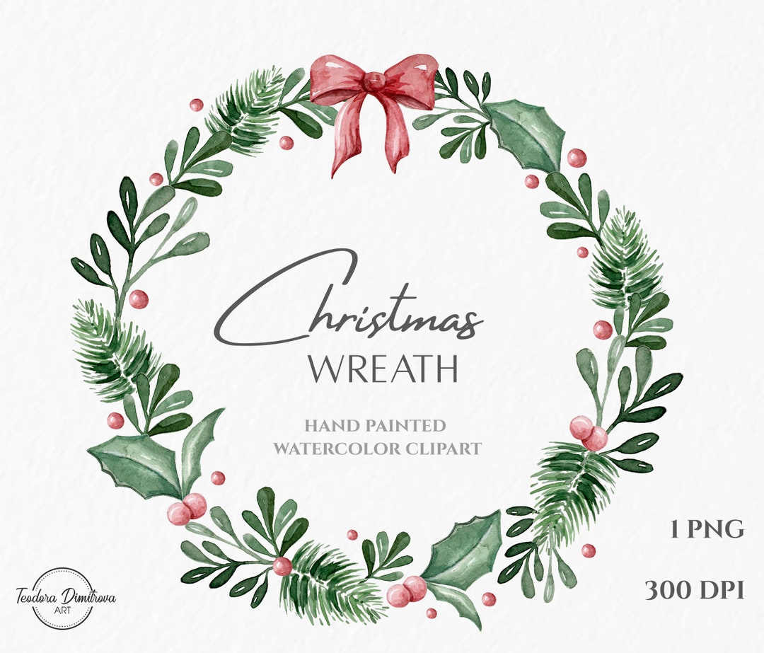 Watercolor Christmas Wreath Clipart | Hand Painted Holiday Wreath PNG ...