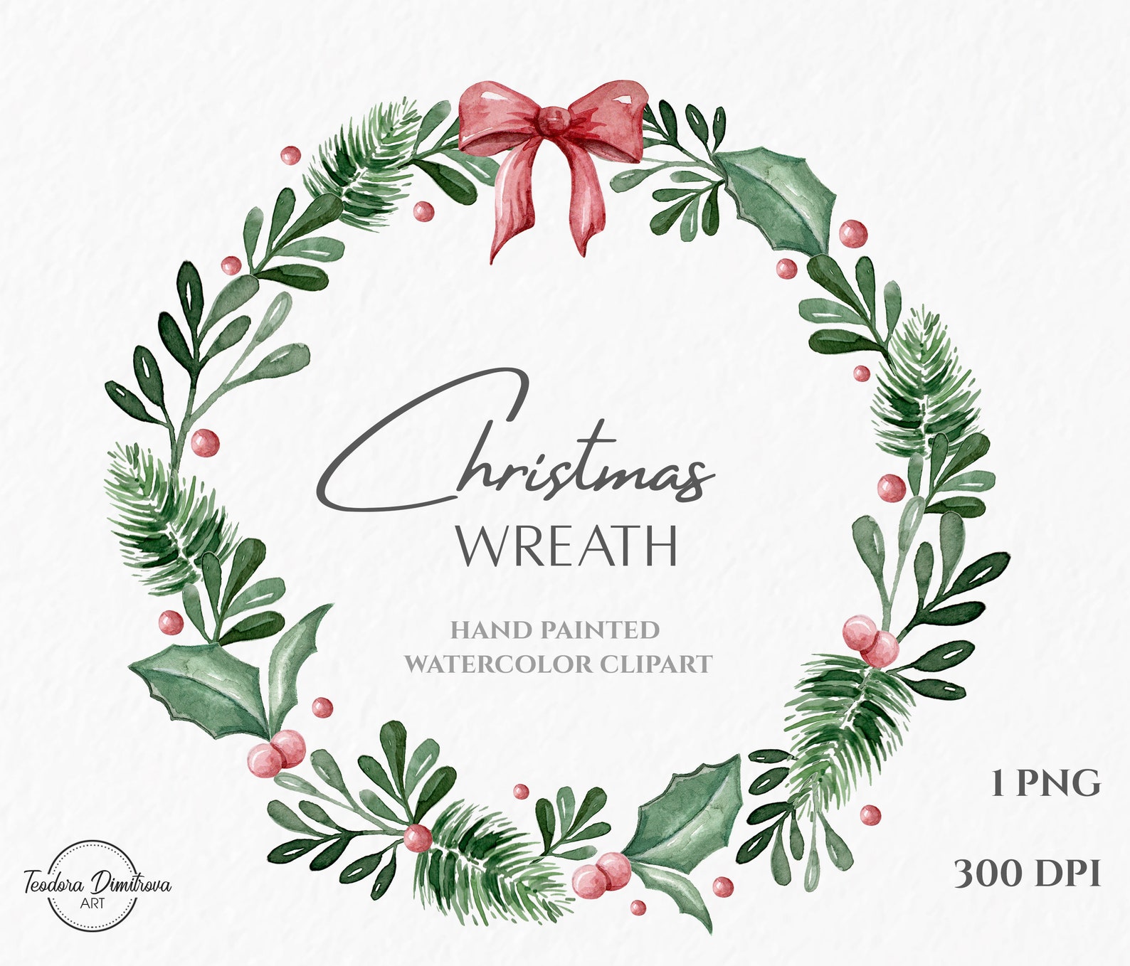 Watercolor Christmas Wreath Clipart | Hand Painted Holiday Wreath PNG ...