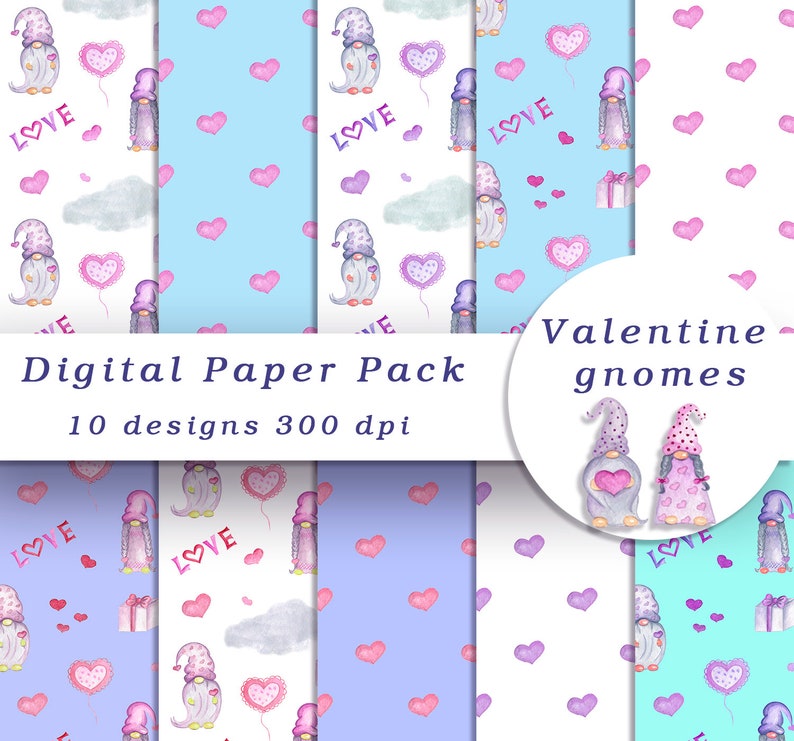 Valentine Gnome Digital Paper Watercolor Gnome Digital Paper - Etsy