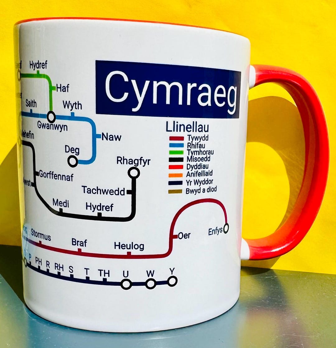 Welsh Language Learning Mug: Cymraeg Metro Design, Ceramic Coffee Cup ...