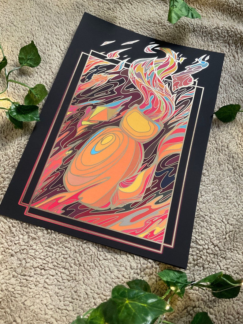 Stained Glass Flask of Embers: A4 Gold Foil Print | Etsy