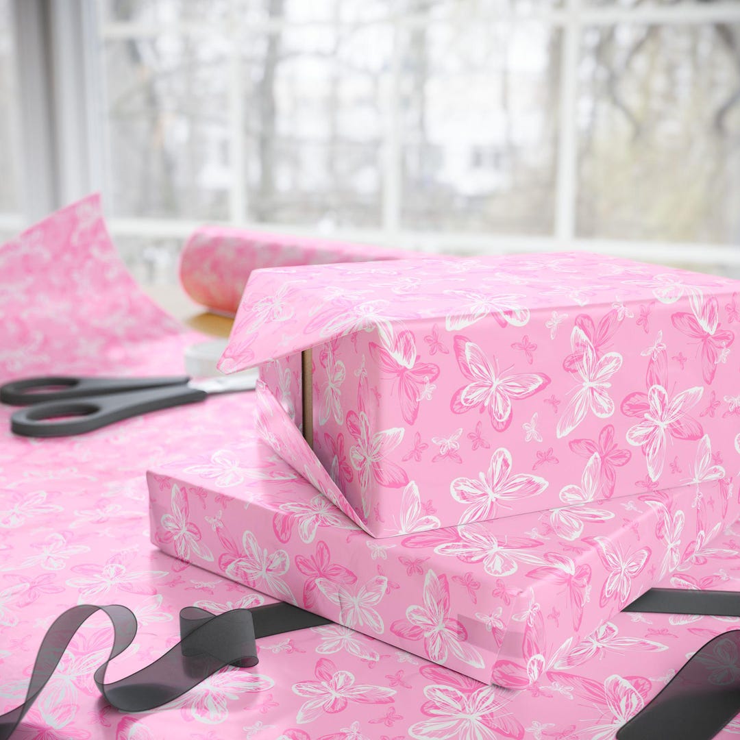 Pink Butterfly Y2k Pattern Wrapping Paper | Floral Gift Wrap Roll - Etsy