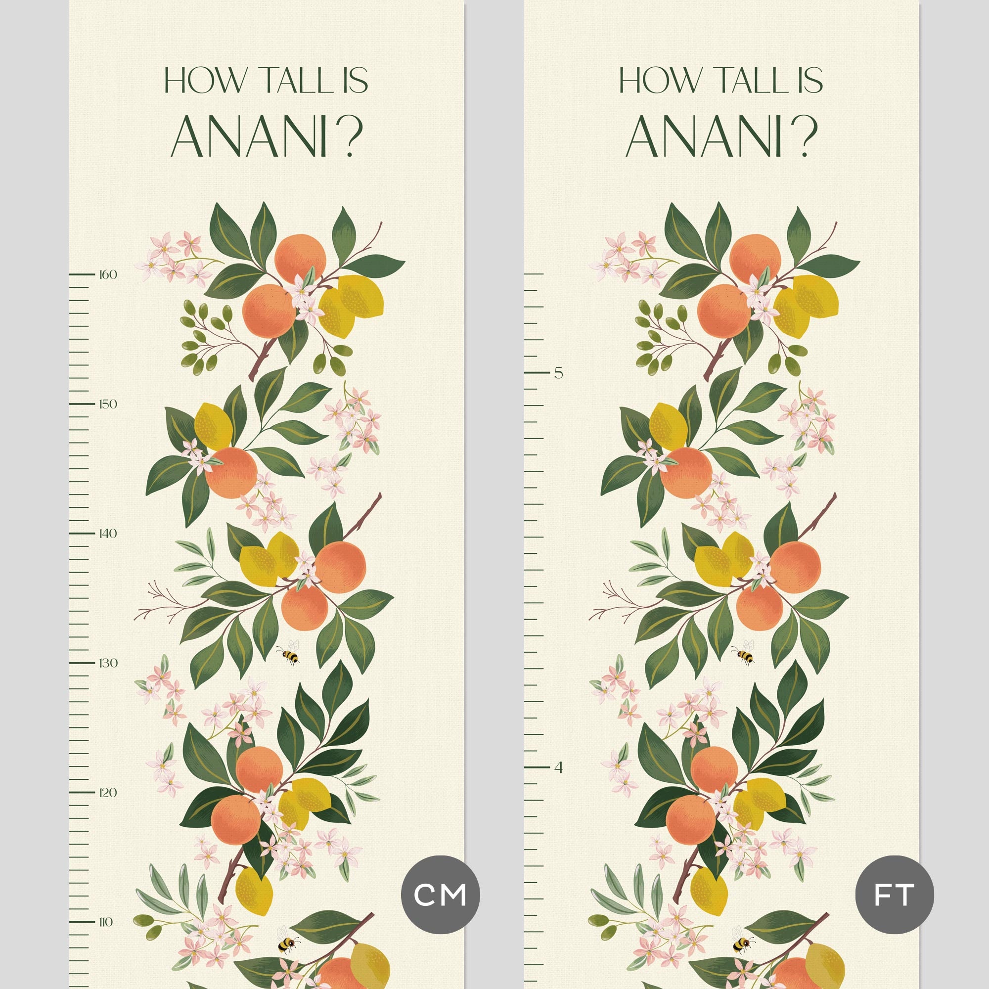 Personalised, Orange & Lemons Kids Height Chart Botanical Wall Art ...