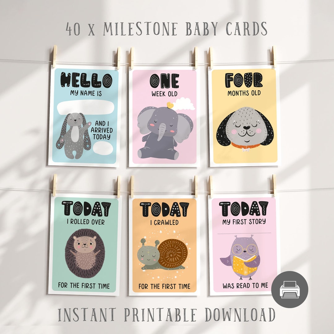 Pack of 40 Newborn Baby Milestone Cards Printable Animal Baby Milestone ...