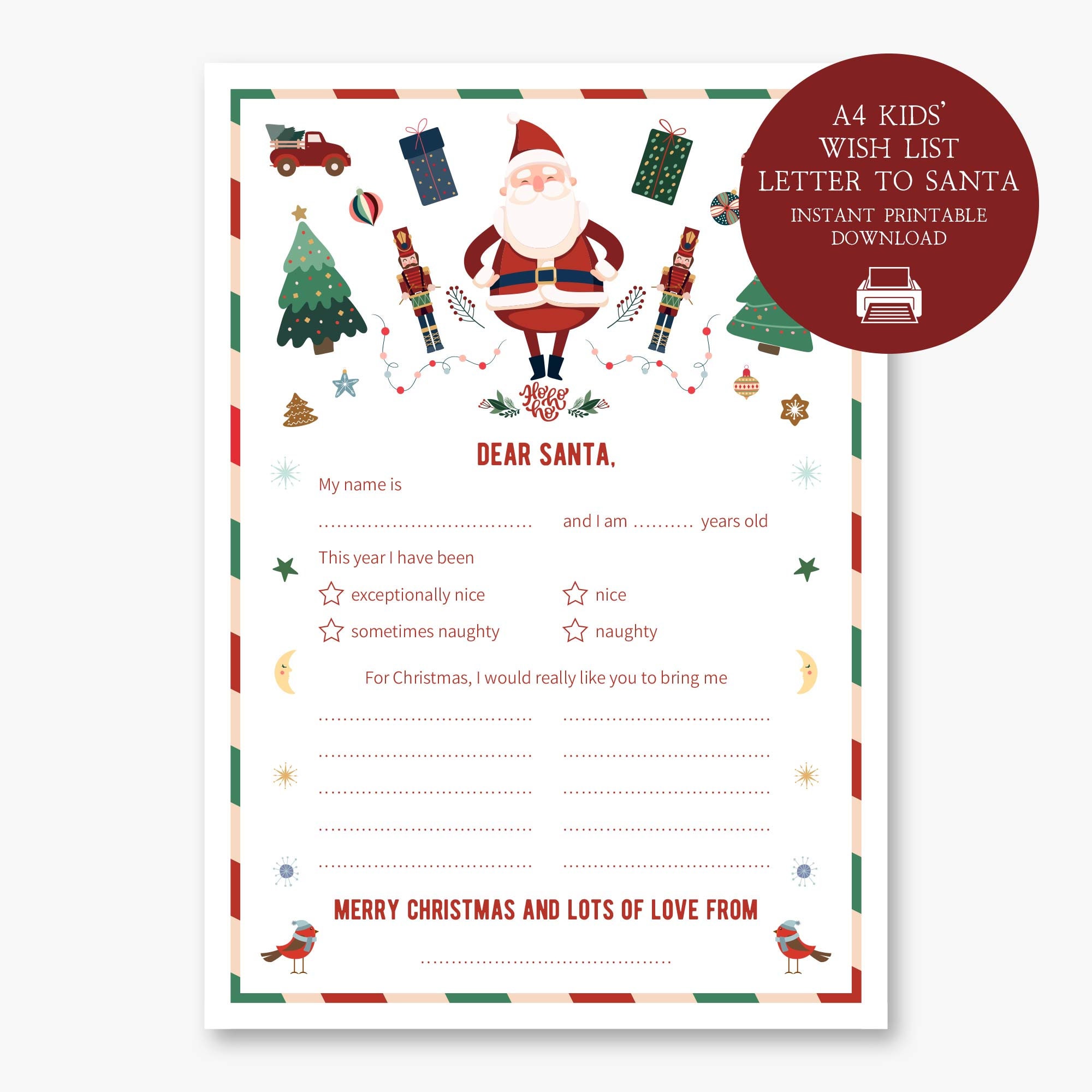 Printable Dear Santa Letter for Kids Digital Download Christmas Letter ...