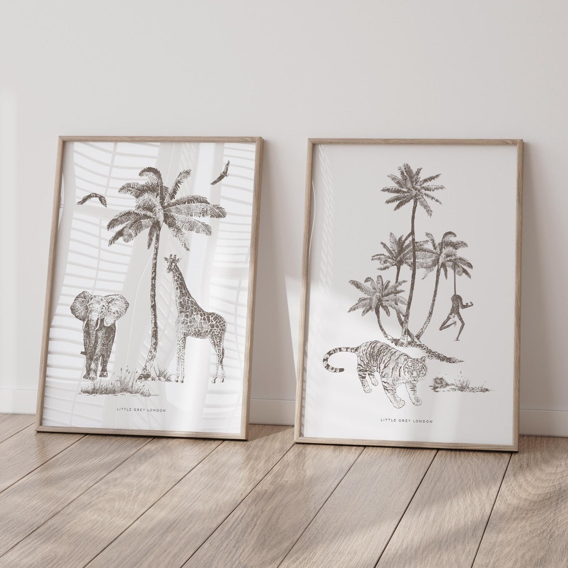 Toile De Jouy Safari Animals Set of 2 Prints, Neutral Toile De Jouy ...