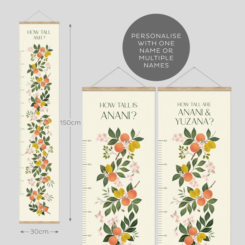 Personalised, Orange & Lemons Kids Height Chart Botanical Wall Art ...