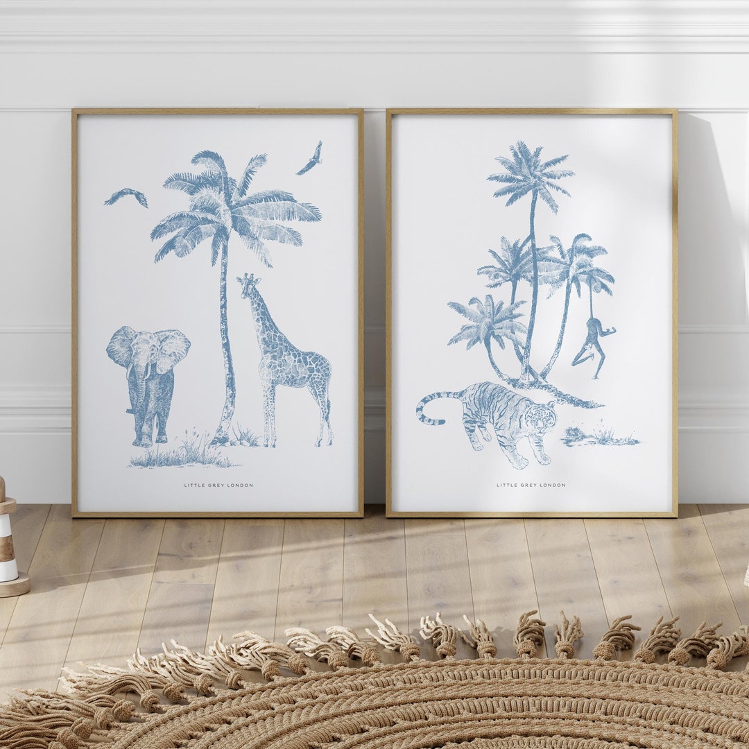 Toile De Jouy Safari Animals Set of 2 Prints, Blue Toile De Jouy Wall ...