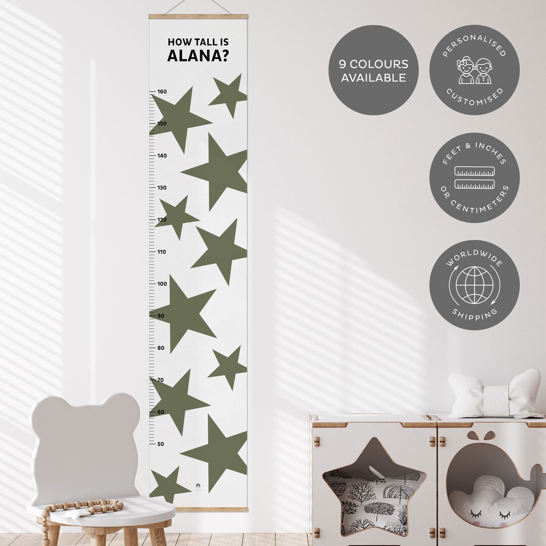 Personalised Kids Height Chart, Khaki Green Stars Decor, Growth Chart ...