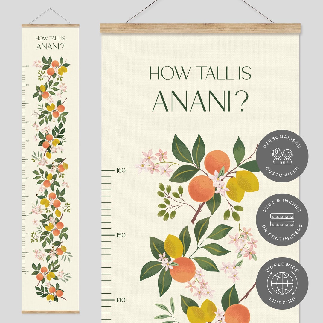 Personalised, Orange & Lemons Kids Height Chart Botanical Wall Art ...