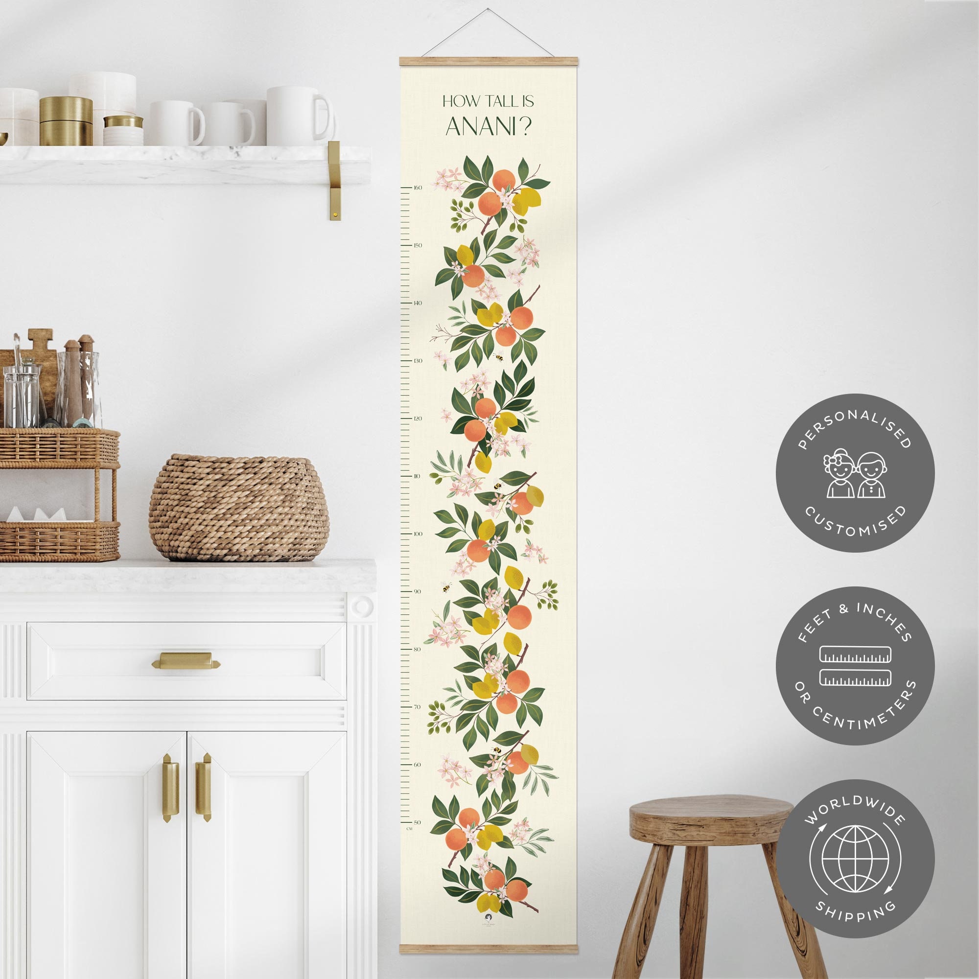 Personalised, Orange & Lemons Kids Height Chart Botanical Wall Art ...