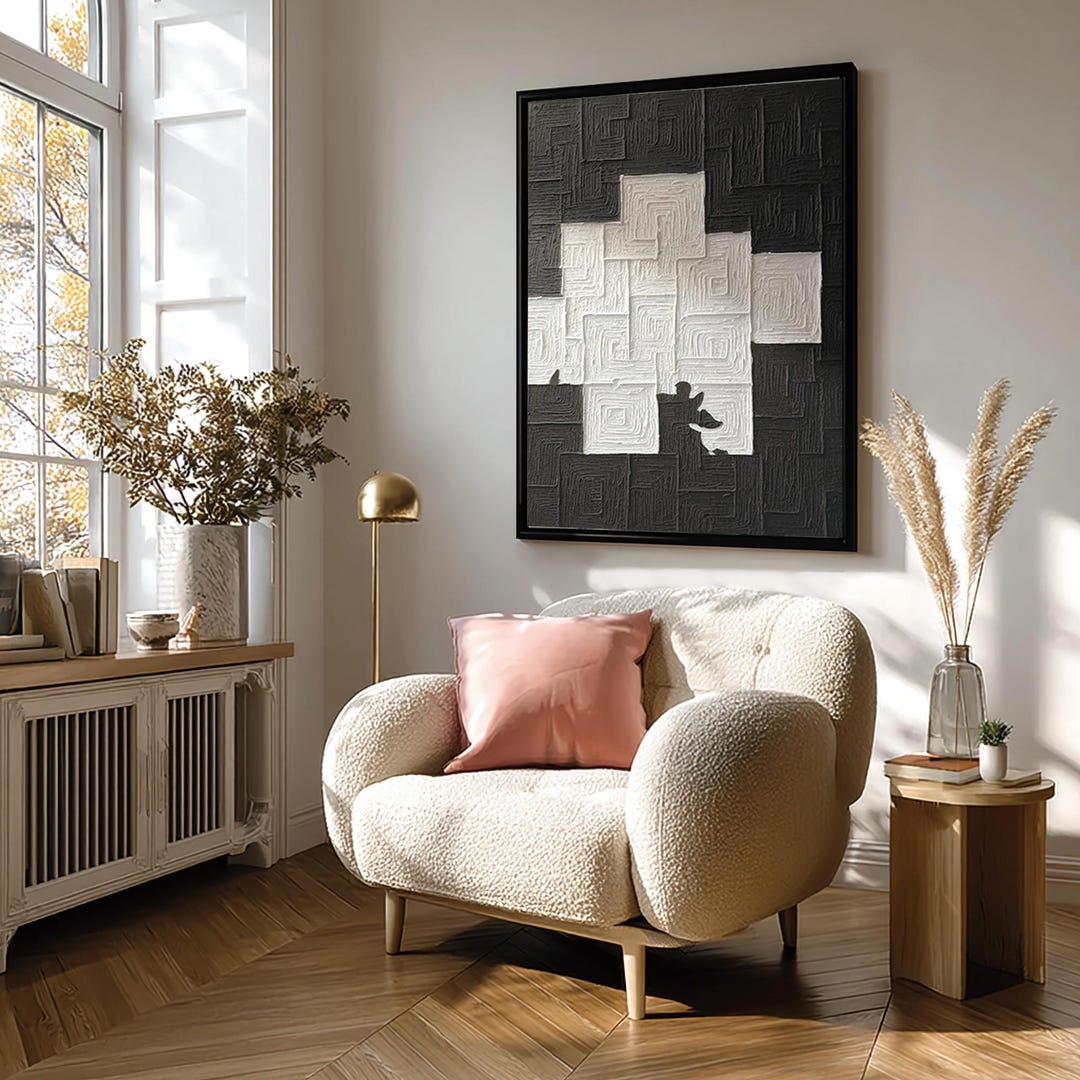 Brown Beige Wall Art Thick Texture Abstract Oil Painting,black Lattice ...