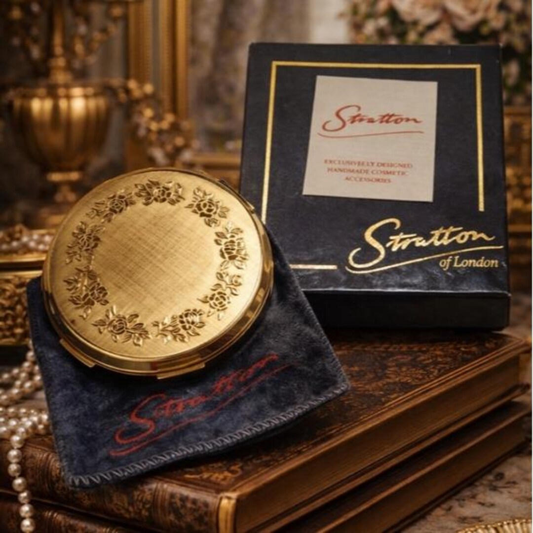Rare STRATTON OF LONDON Gilt Floral Powder Compact Mirror in Original ...