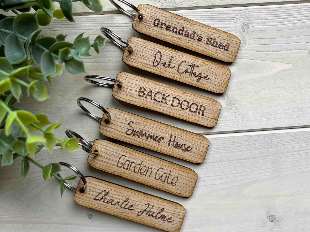 Personalised Oak Keyring, Custom Key Fob, Door, Shed Garage, Flat ...