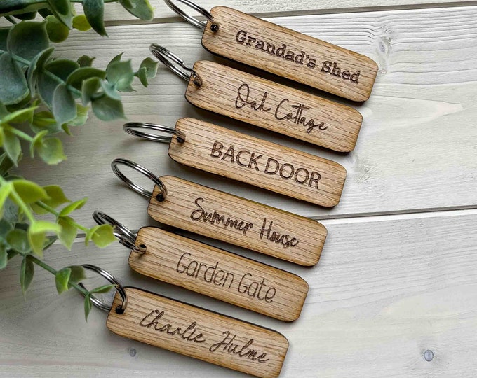 Personalised Oak Keyring, Custom Key Fob, Door, Shed Garage, Flat ...
