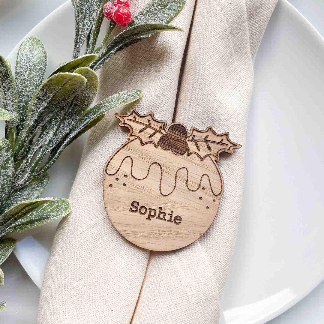 Christmas Place Name, Personalised Xmas Pudding Wooden Table Setting ...