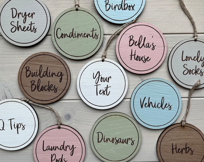 FULLY Personalised Wooden Signs, Round Wooden Labels, Storage Labels ...