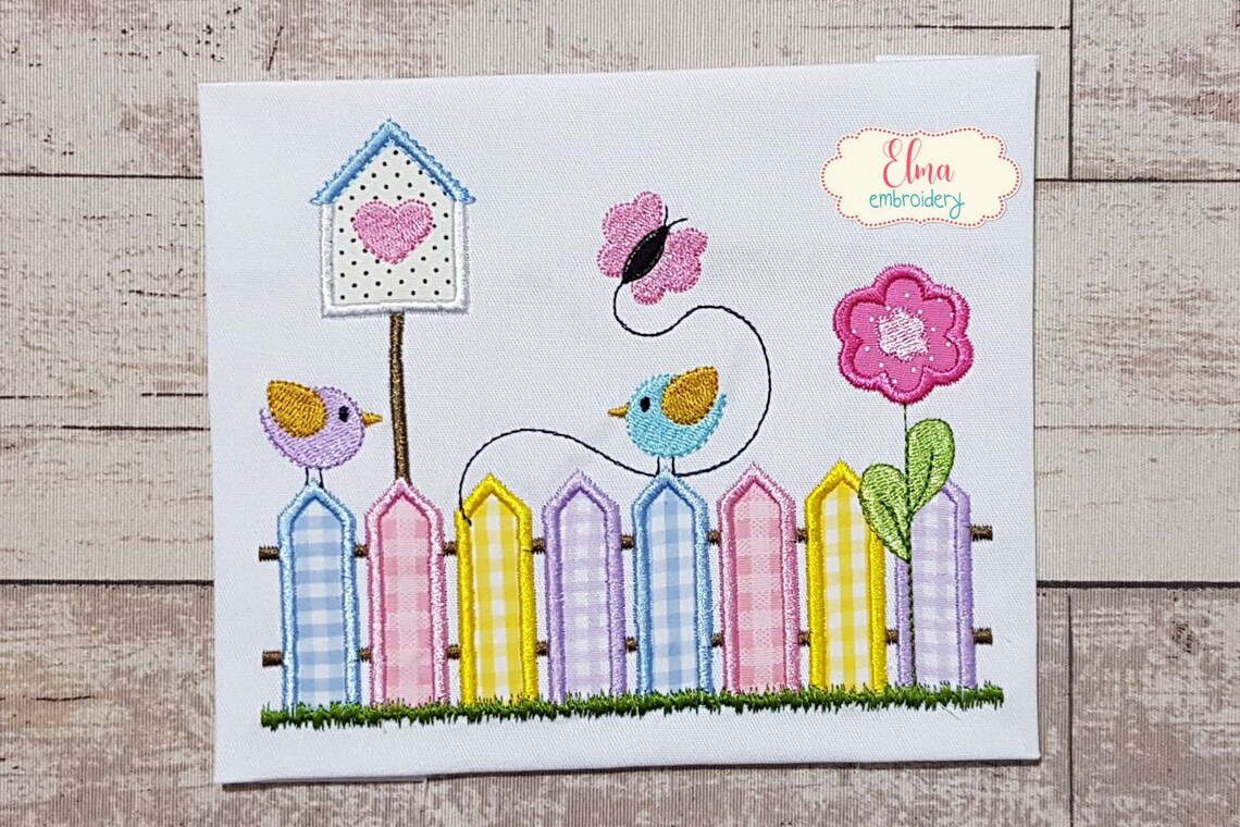 Colorful Fence and Birds Machine Embroidery Design (5x7 5x8 6x10 7x12 ...