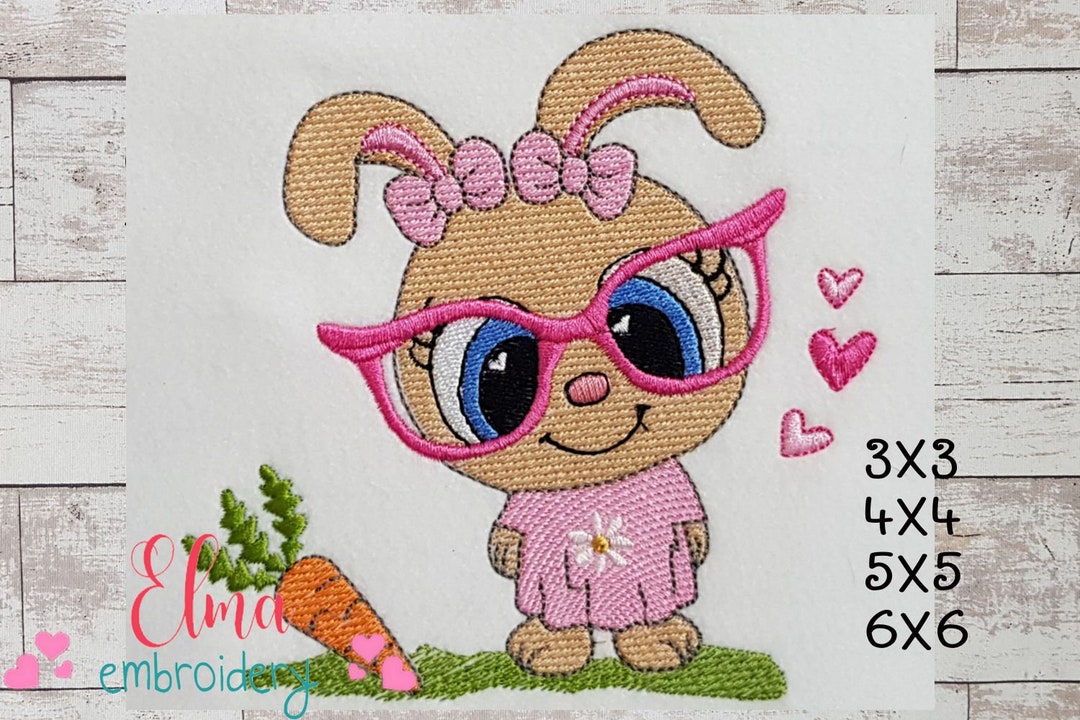 Cute Bunny Girl With Glasses and Carrot - Machine Embroidery Design ...