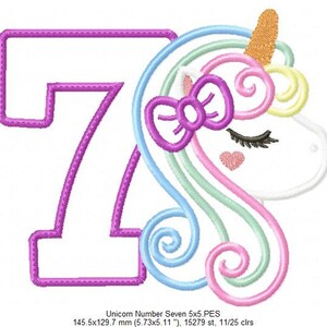 Unicorn Number 7 Seven 7th Birthday - Applique - 4x4 5x5 6x6 7x7 ...