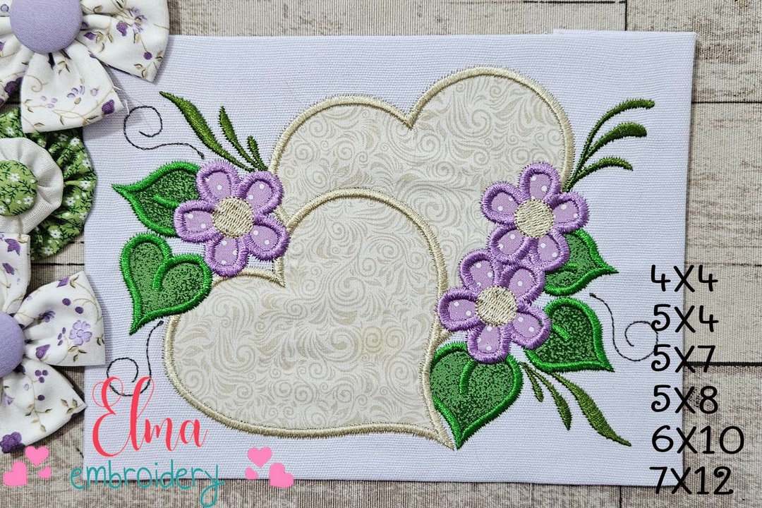 Two Hearts Flowers - Machine Embroidery Design - Applique - 4x4 5x4 5x7 ...