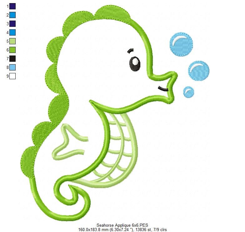 Cute Seahorse - Machine Embroidery Design - Applique - Under the Sea ...