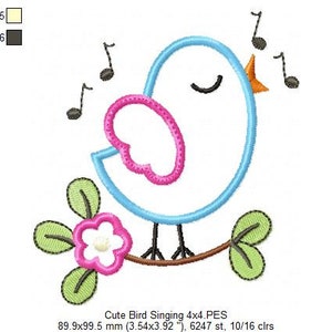 Cute Bird Singing Applique - Machine Embroidery Design (4x4 5x5 6x6 7x7 ...