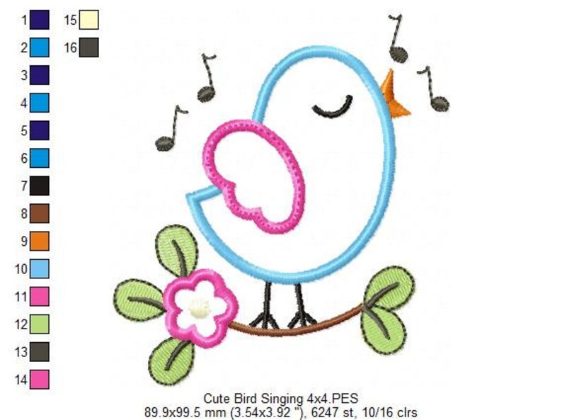 Cute Bird Singing Applique - Machine Embroidery Design (4x4 5x5 6x6 7x7 ...