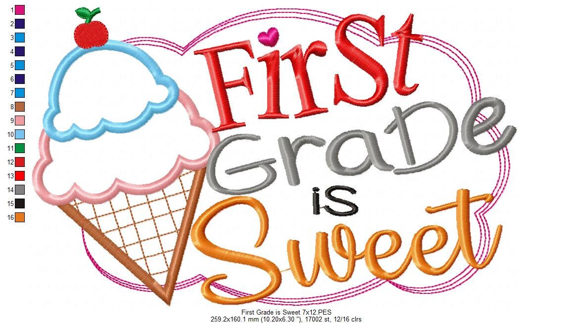 First Grade is Sweet Applique Embroidery 5x7 6x10 7x12 - Etsy