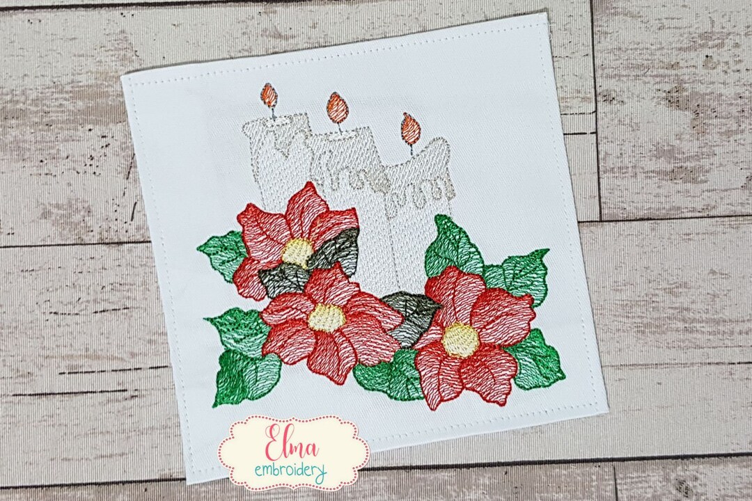 Christmas Candles and Poinsettia Machine Embroidery Design (4x4 5x7 ...
