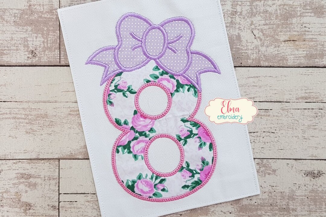 Big Bow Number 8 Eight 8th Birthday - Applique - 4x4 5x7 6x10 7x12 ...