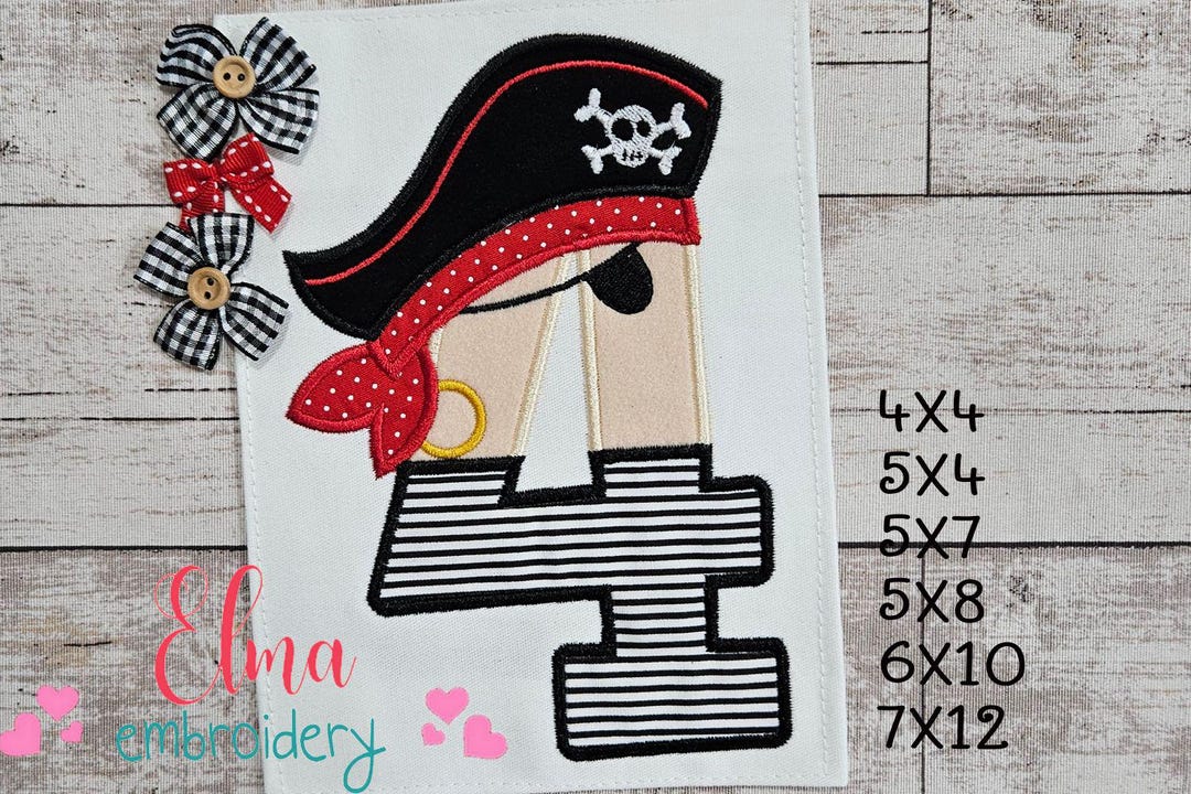 Pirate Birthday Number 4 Four 4th Fourth Birthday - Applique - 4x4 5x4 ...