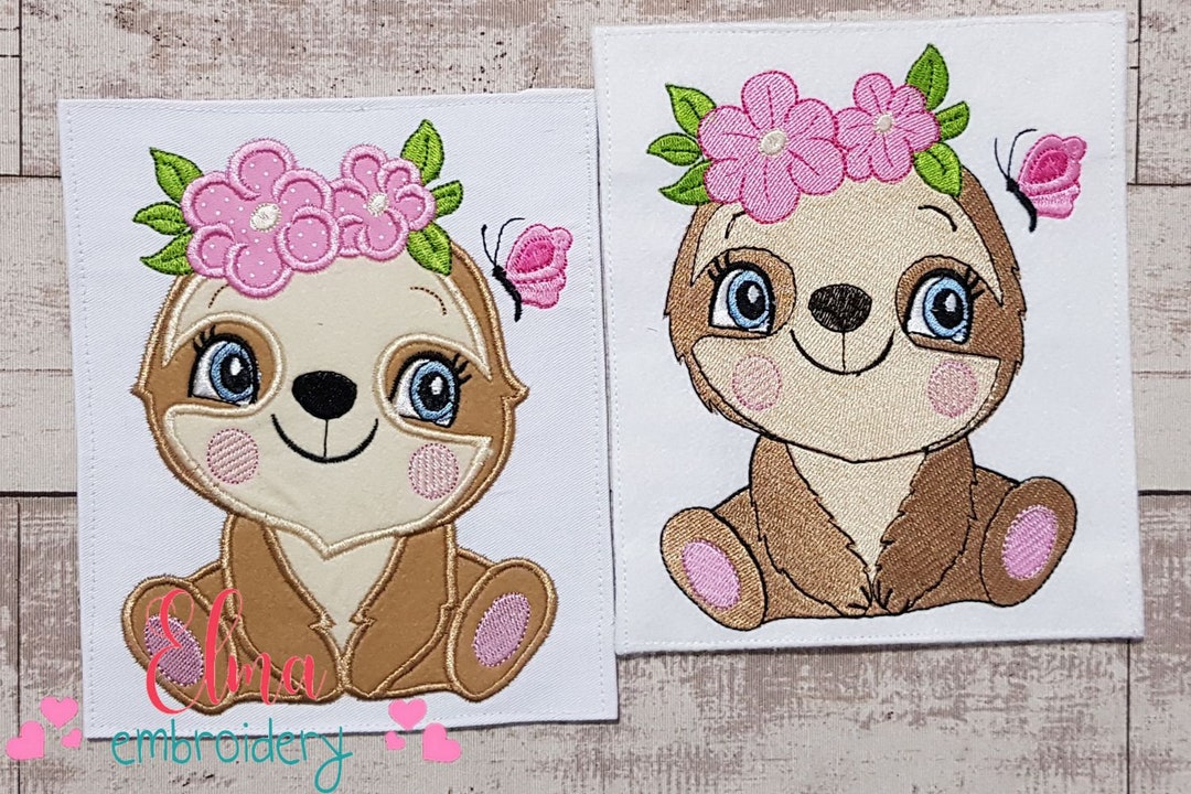 Sloth Girl With Flowers - Machine Embroidery Design - Applique & Fill ...