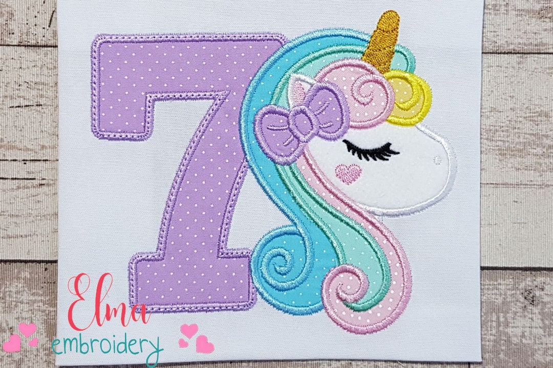 Unicorn Number 7 Seven 7th Birthday - Applique - 4x4 5x5 6x6 7x7 ...