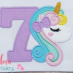 Unicorn Number 7 Seven 7th Birthday - Applique - 4x4 5x5 6x6 7x7 ...
