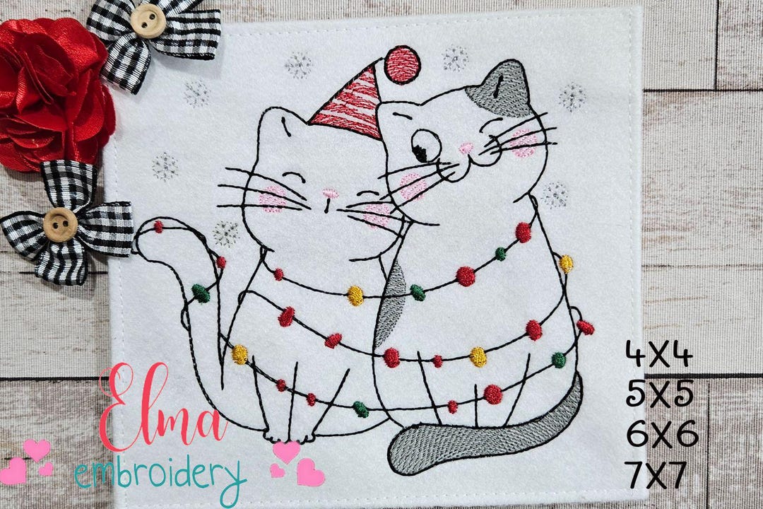 Christmas Lights Cats - Machine Embroidery Design - Redwork - Xmas ...