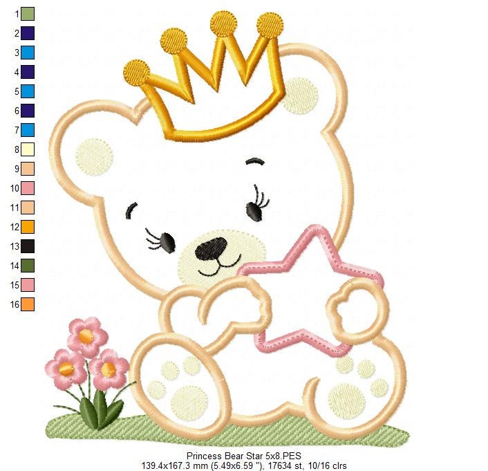 Princess Teddy Bear Girl and Star Machine Embroidery Design - Etsy