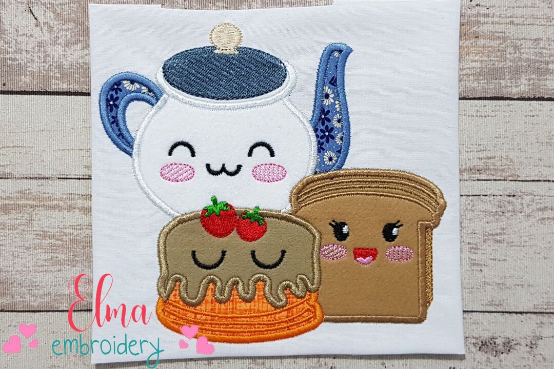 Happy Teapot, Cake and Bread - Applique - Kitchen Embroidery - 4x4 5x5 ...