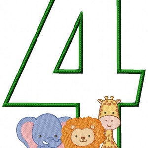 Safari Number 4 Four 4th Birthday - Applique Embroidery - 5x7 6x10 ...