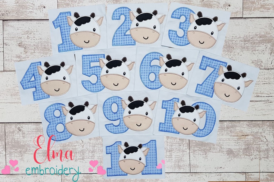 Cow Birthday Applique Numbers 1-11: Machine Embroidery Design (4x4 5x7 ...