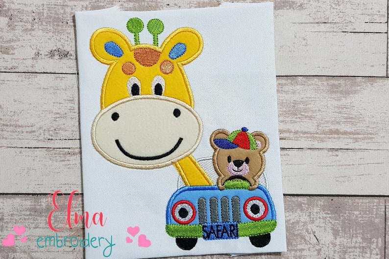 Giraffe and Bear Driving a Safari Car Machine Embroidery - Etsy