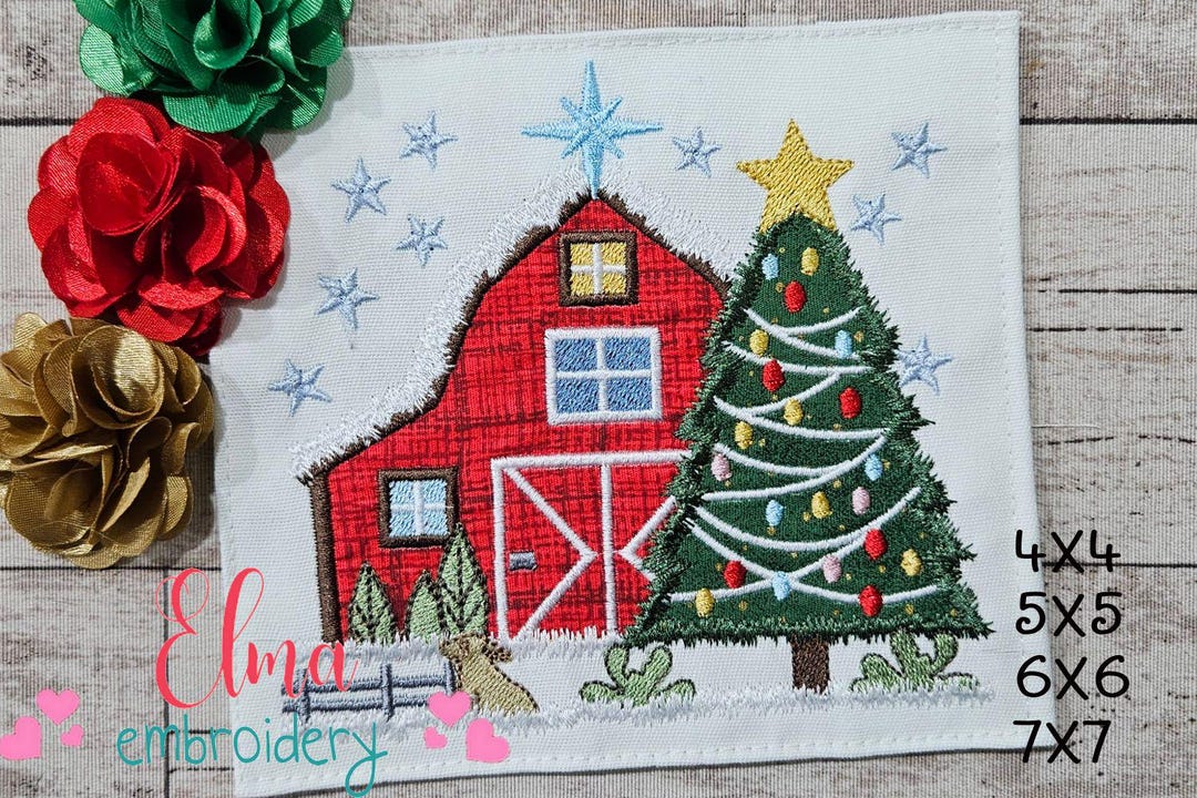 Christmas Barn and Tree - Applique - 4x4 5x5 6x6 7x7- Christmas ...