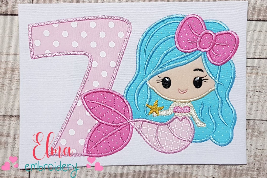 Mermaid Number 7 Seven 7th Birthday - Applique - 5x7 5x8 6x10 7x12 ...