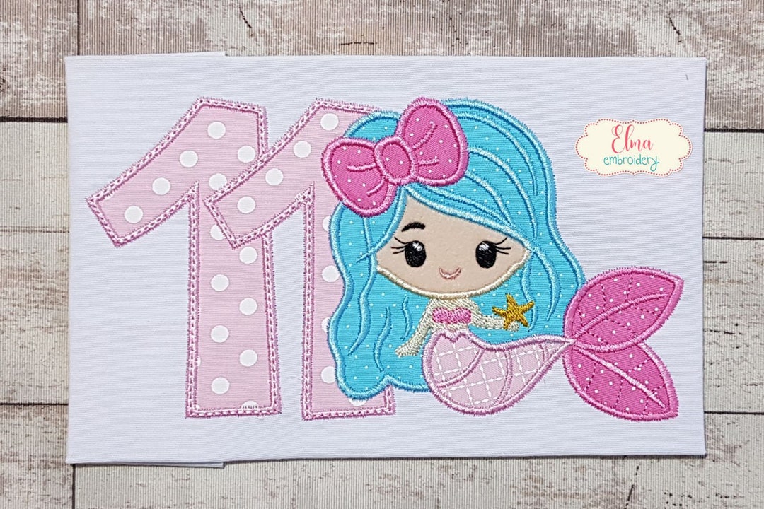 Mermaid Number 11 Eleven 11th Birthday - Applique - 5x7 5x8 6x10 7x12 ...