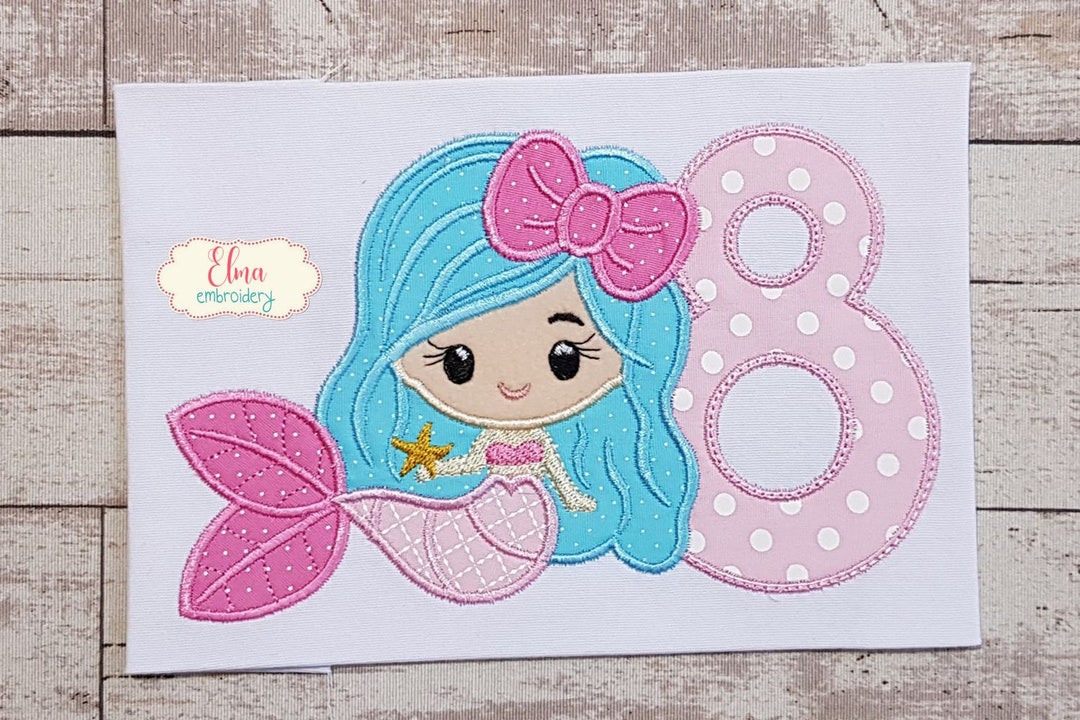 Mermaid Number 8 Eight 8th Birthday - Applique - 5x7 5x8 6x10 7x12 ...