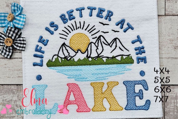 Lake Life Embroidery Machine Designs Fishing Lake Sign Vintage Stitch