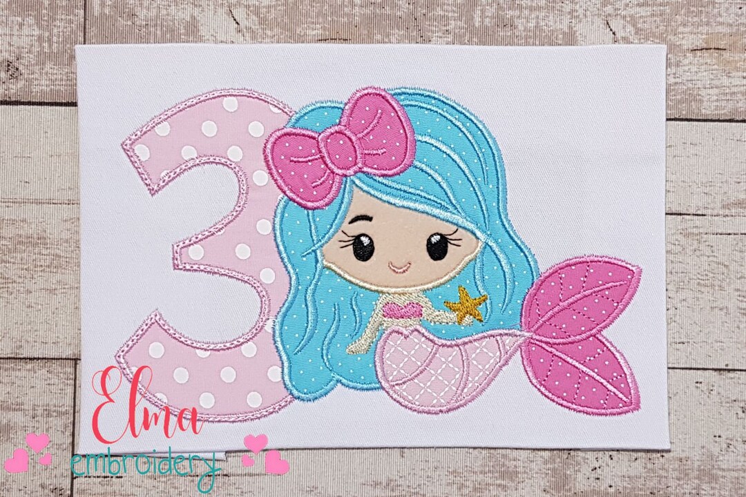 Mermaid Number 3 Applique: 3rd Birthday Machine Embroidery Design (5x7 ...