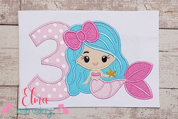 Mermaid Number 3 Three 3rd Birthday Applique 5x7 5x8 6x10 - Etsy Australia