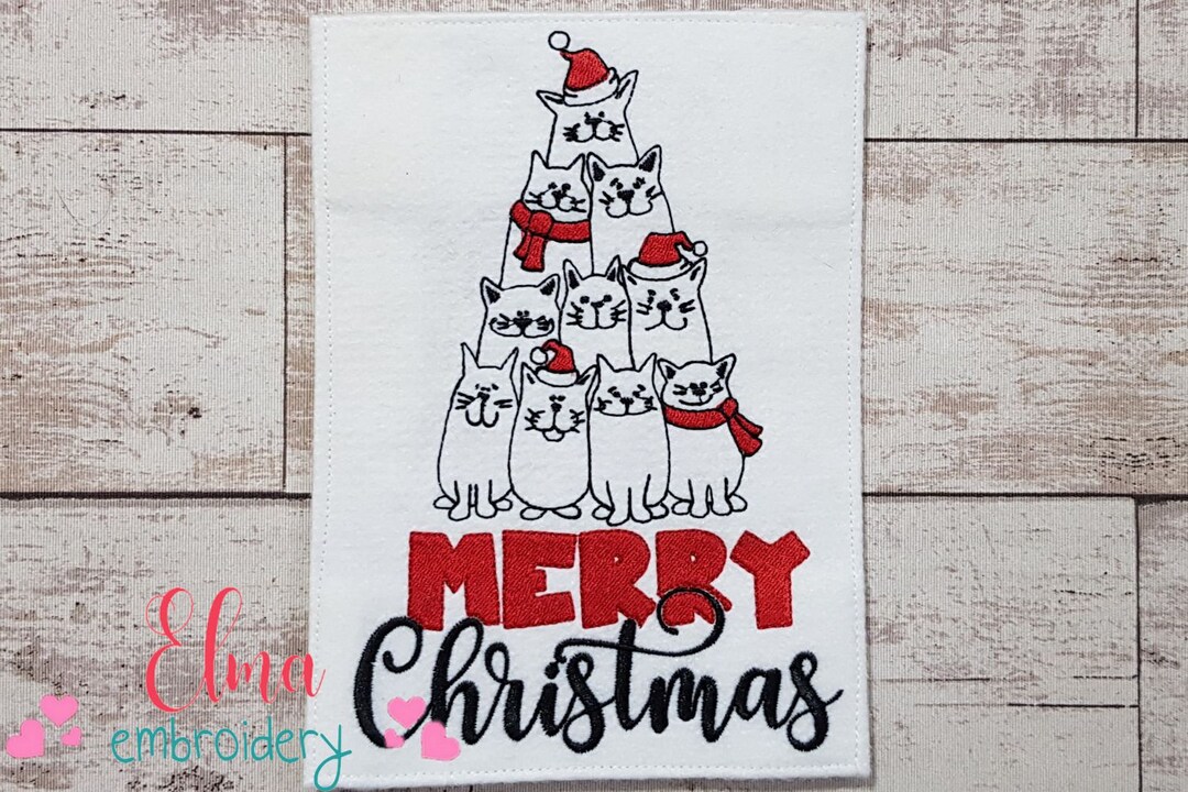 Cat Tree Merry Christmas - Machine Embroidery Design - Redwork - Xmas ...