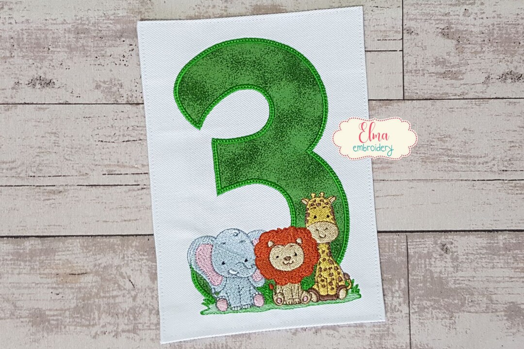Safari Number 3 Three 3rd Birthday - Applique Embroidery - 5x7 6x10 ...
